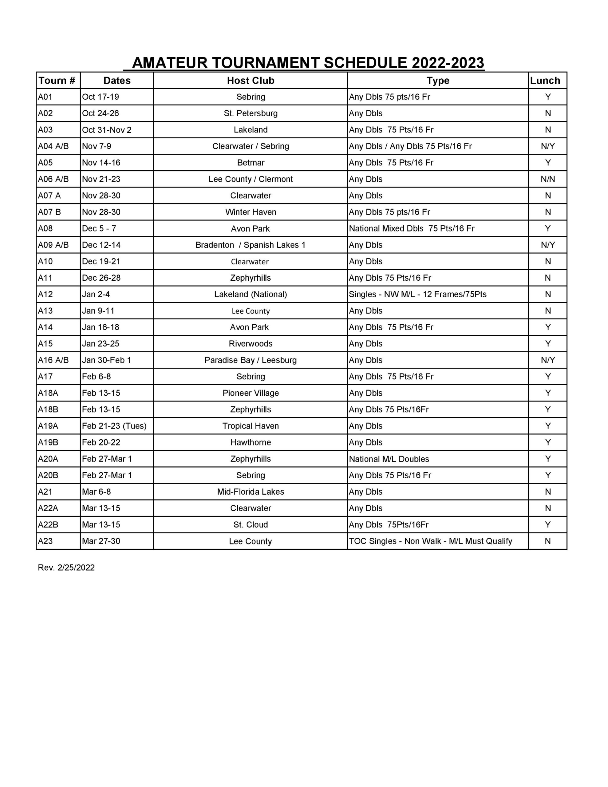 Schedules - Clearwater Shuffleboard Club